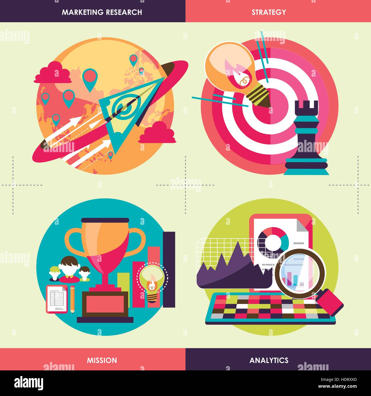 flat design of marketing research, strategy, mission and analytics ...