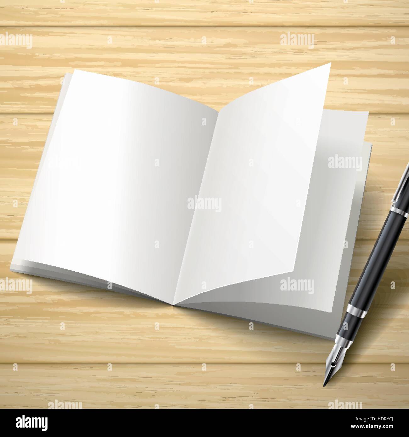 blank open book template and pen isolated on wooden table Stock Vector ...