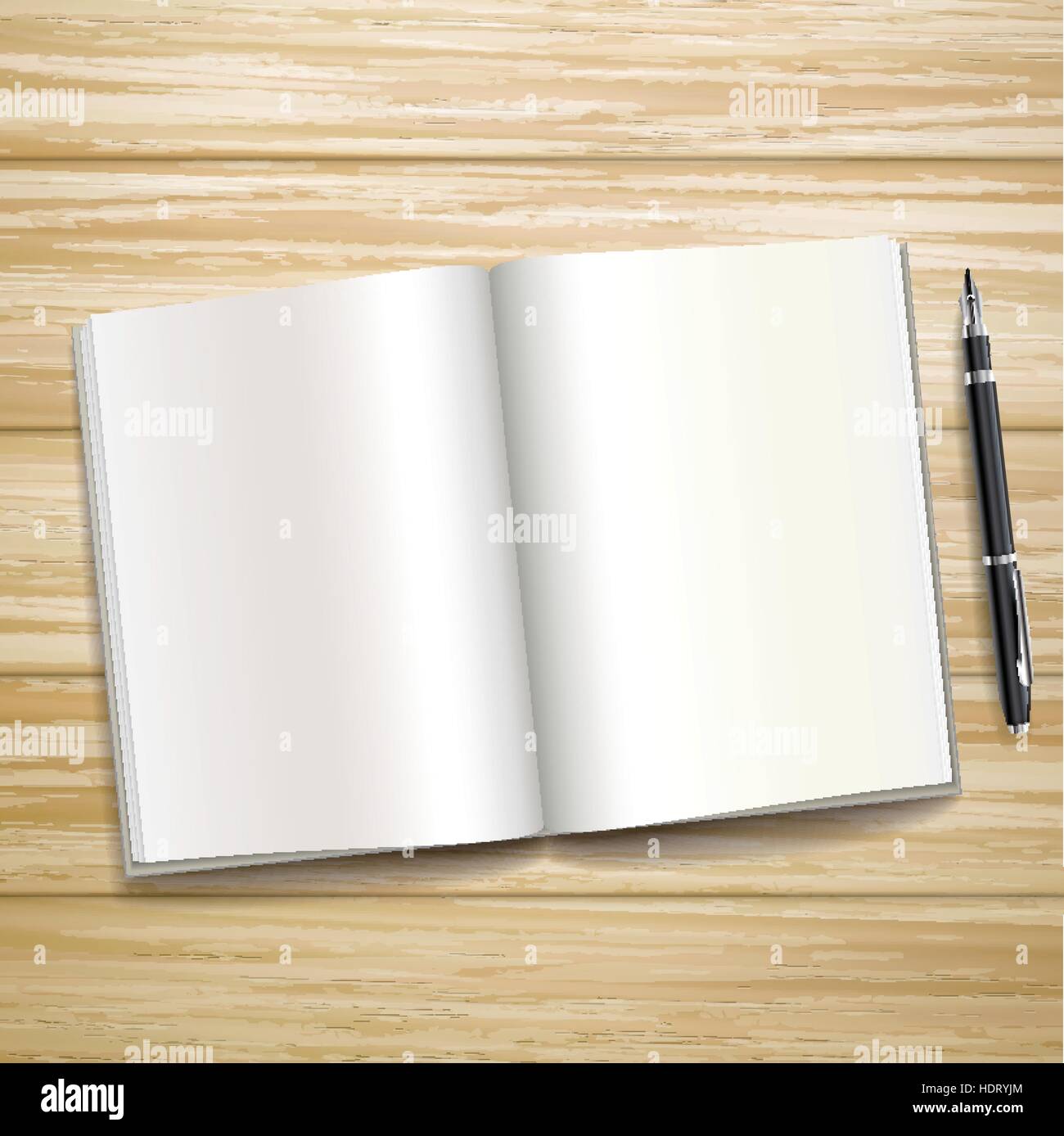 blank open book over wooden desk with a pen Stock Vector Image & Art ...