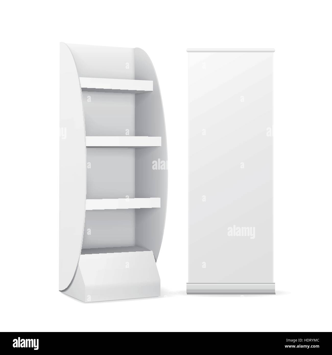 blank display with shelves and roll up banner isolated on white Stock ...