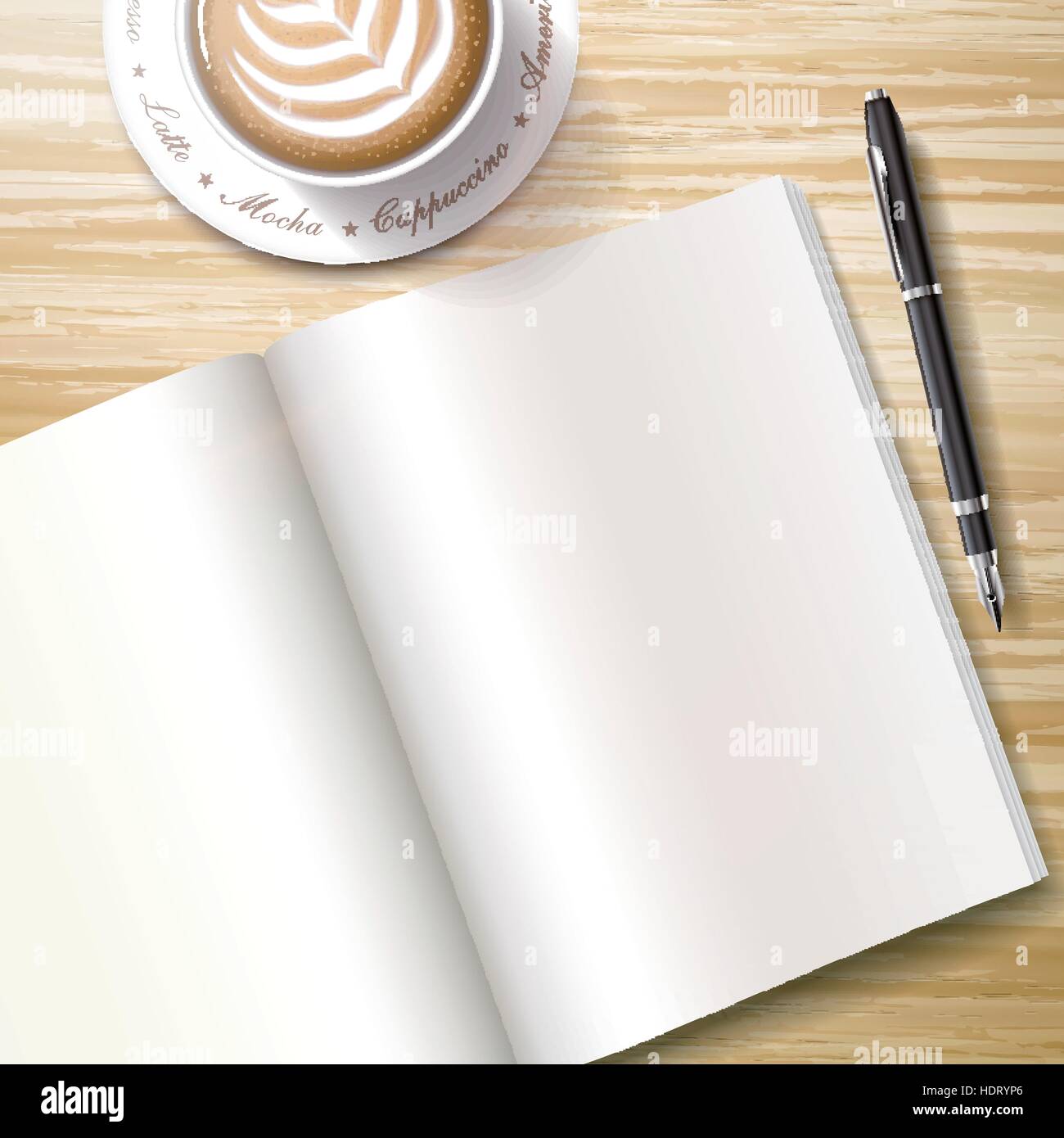 blank open book over wooden desk with a pen and coffee Stock Vector ...