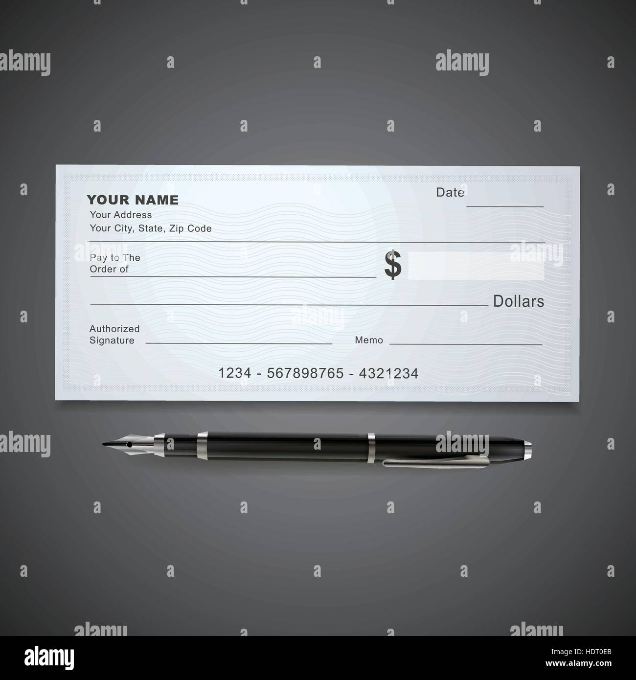 blank bank check template and pen isolated on black Stock Vector Image ...