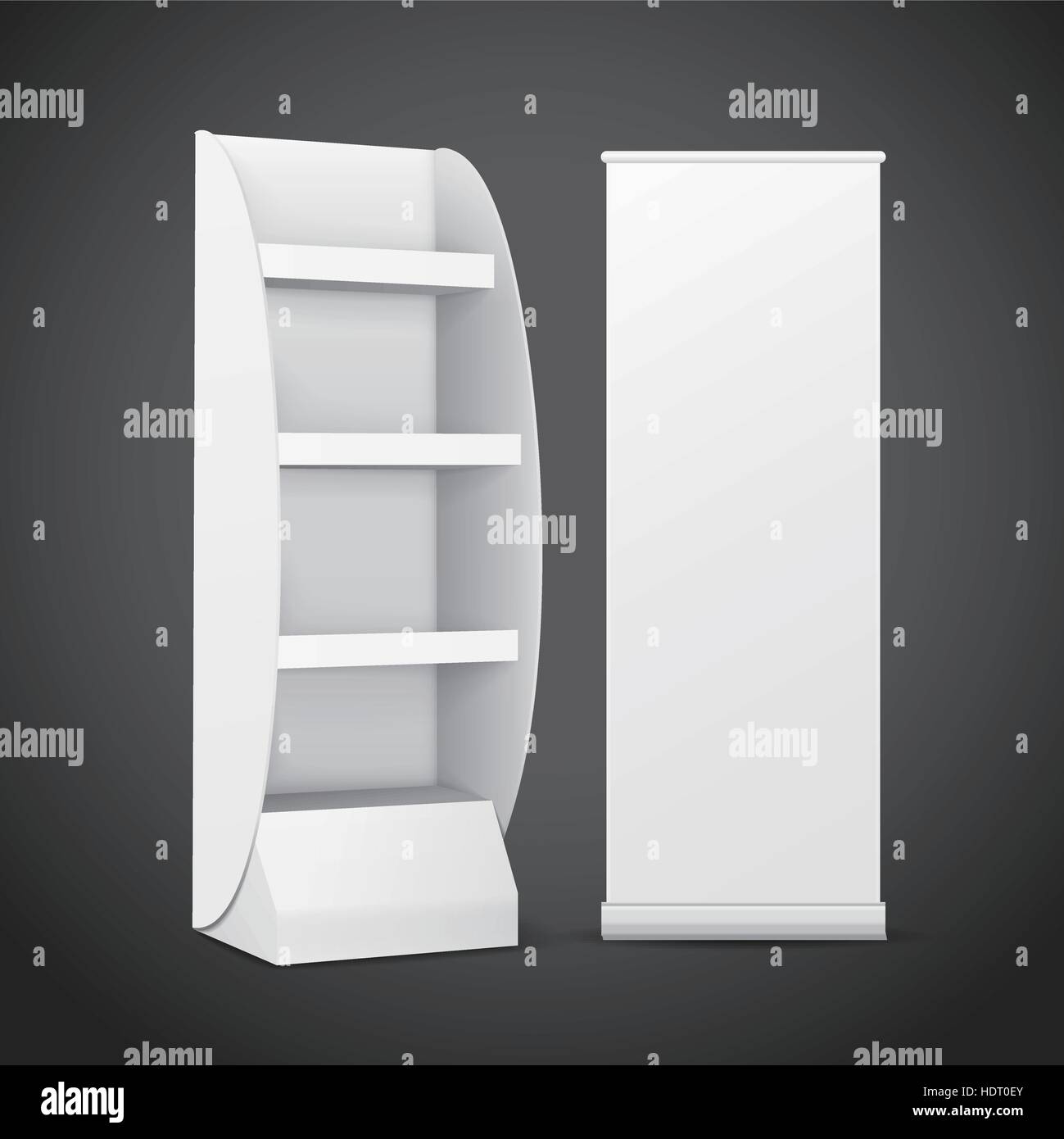 blank display with shelves and roll up banner isolated on black Stock ...