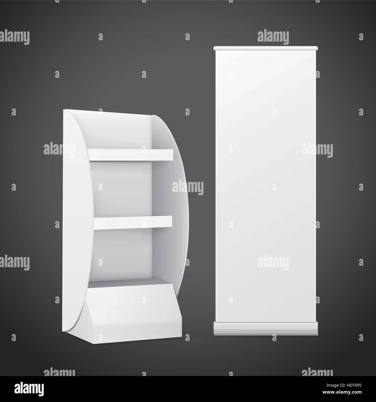 blank display with shelves and roll up banner isolated on black Stock ...