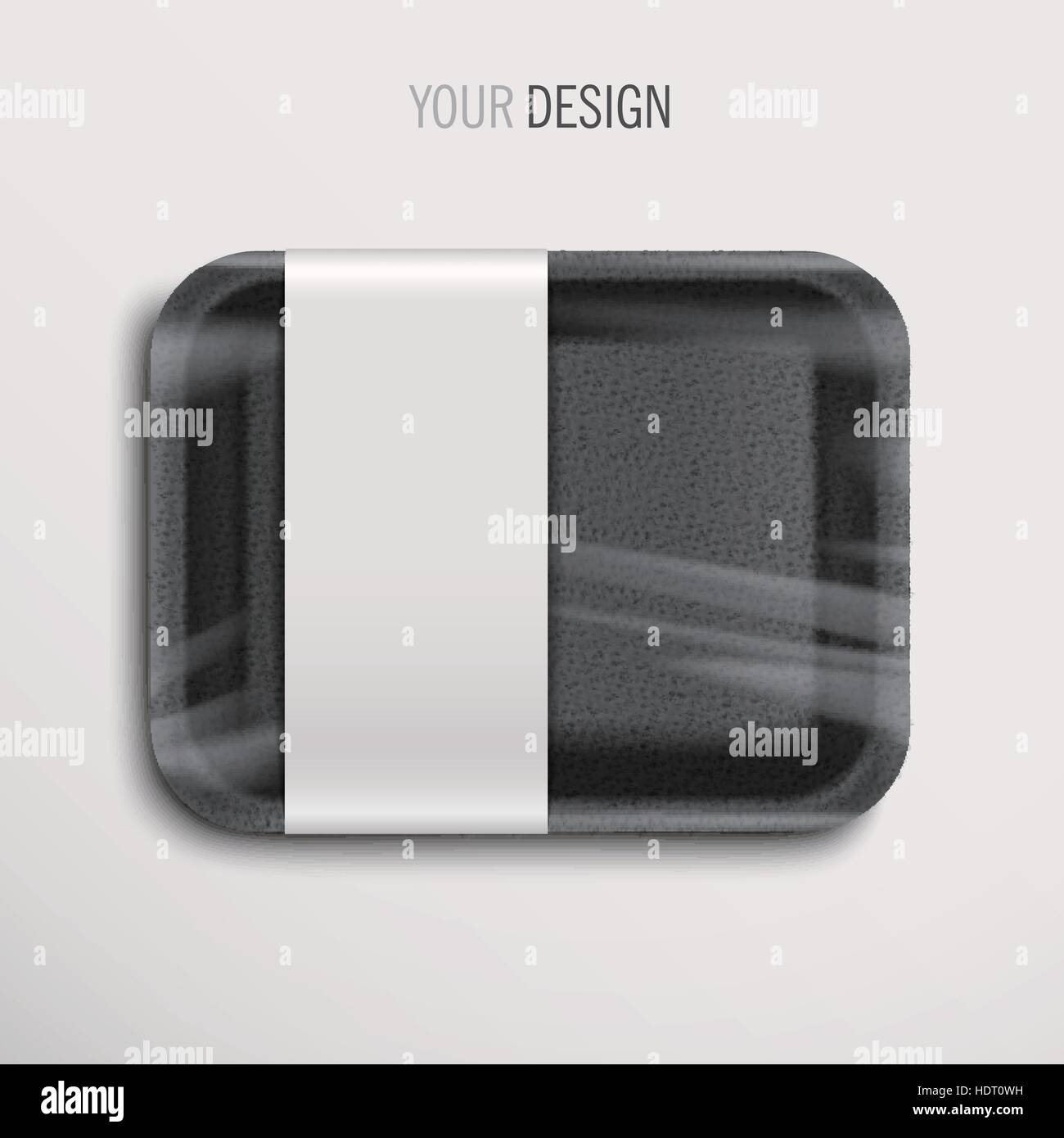 empty wrapped black food tray with label over white background Stock ...