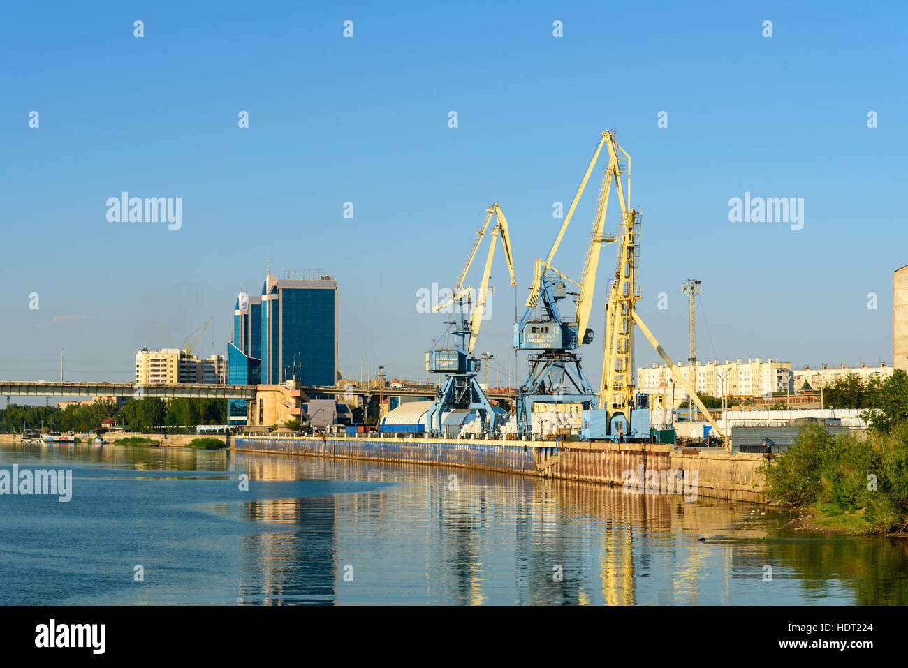 View on Volga river and cargo port. Astrakhan is city in southern ...