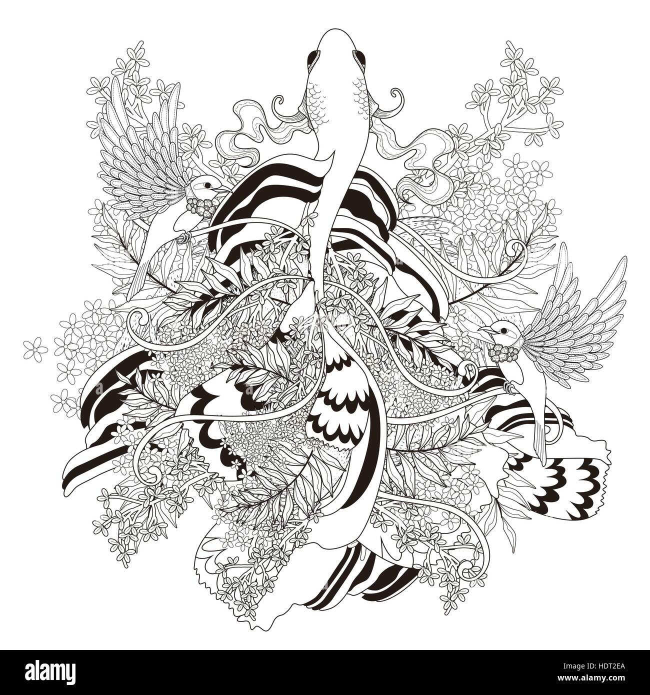 elegant fish coloring page with floral elements in exquisite line Stock ...