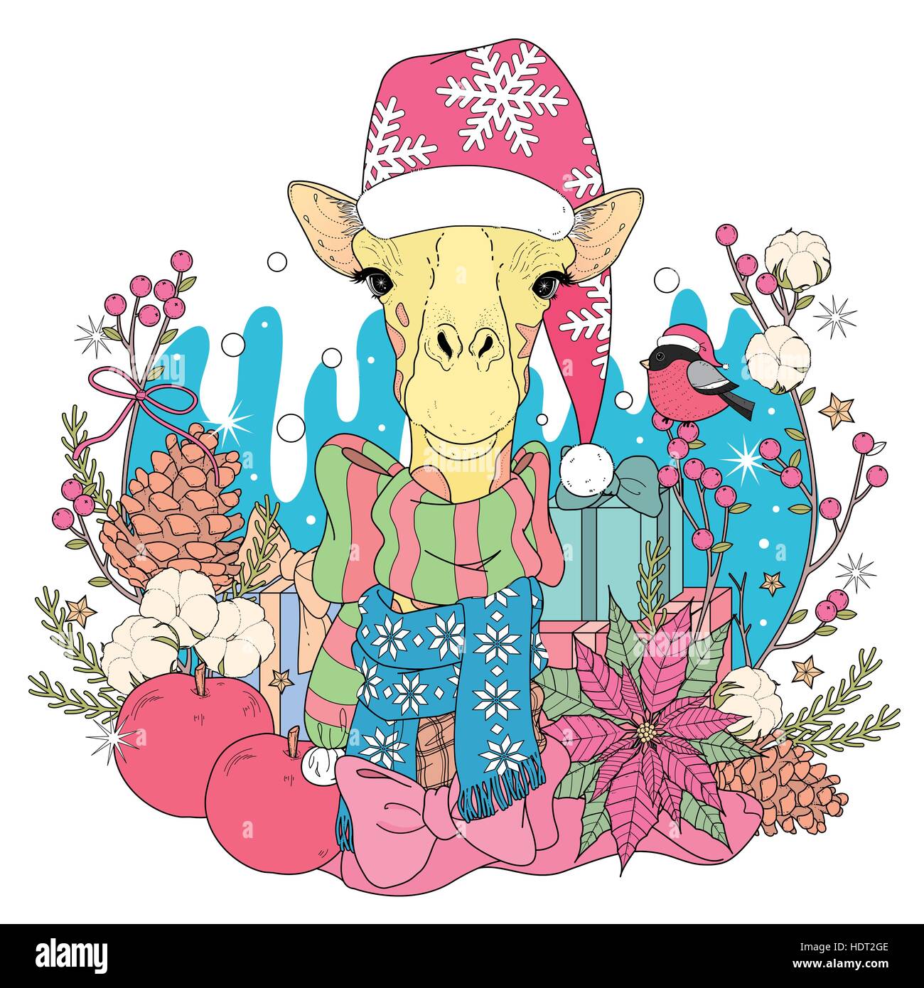 Christmas giraffe coloring page with decorations in exquisite line ...