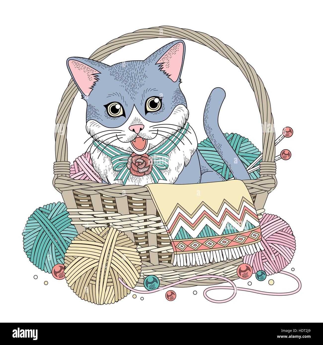 adorable kitty in basket coloring page in exquisite line Stock Vector ...