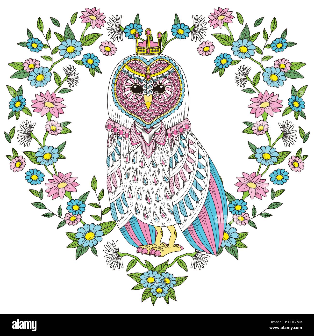 lovely owl coloring page with floral elements in exquisite line Stock ...