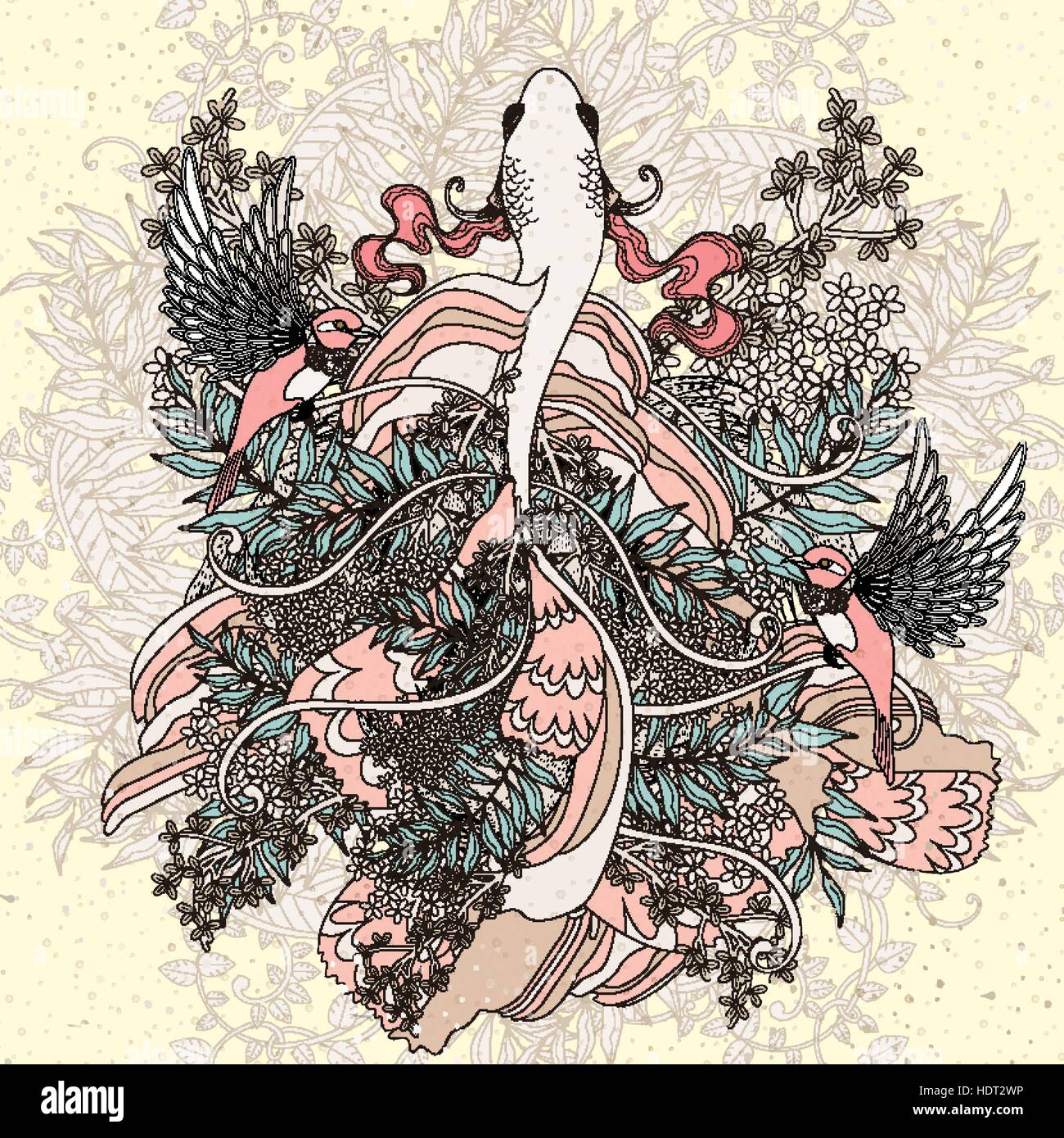 elegant fish coloring page with floral elements in exquisite line Stock ...