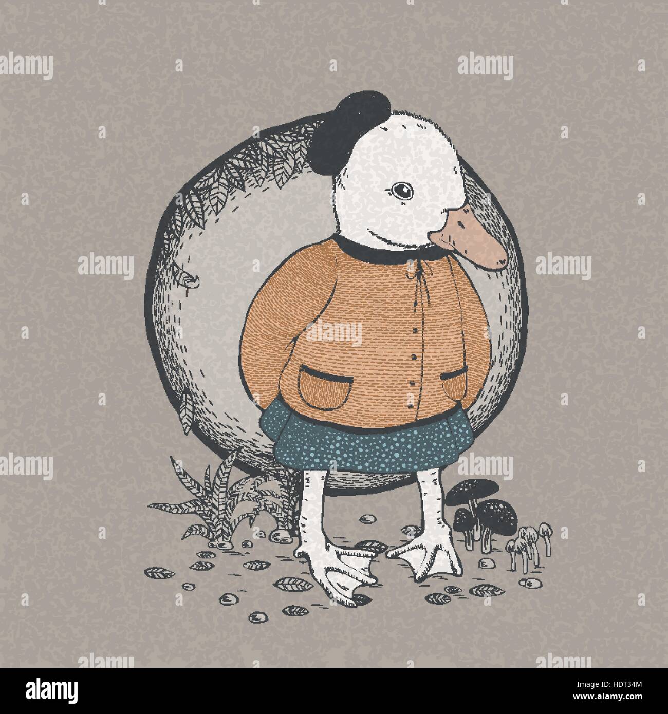 vector illustration of hand drawn retro style cute duck Stock Vector ...