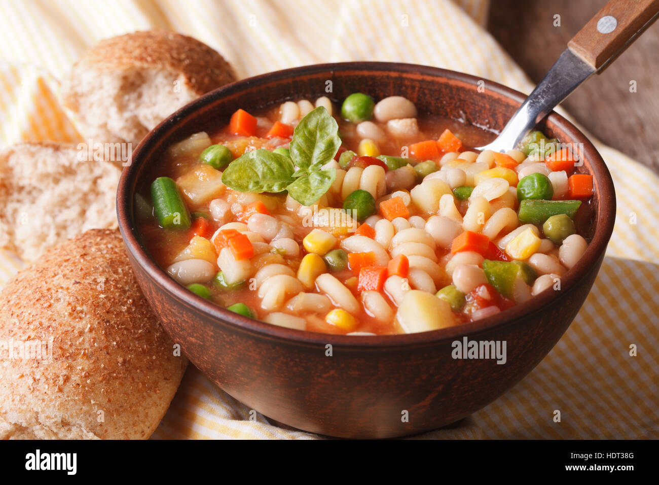 Italian vegetable minestrone soup in a bowl close up. Horizontal Stock ...