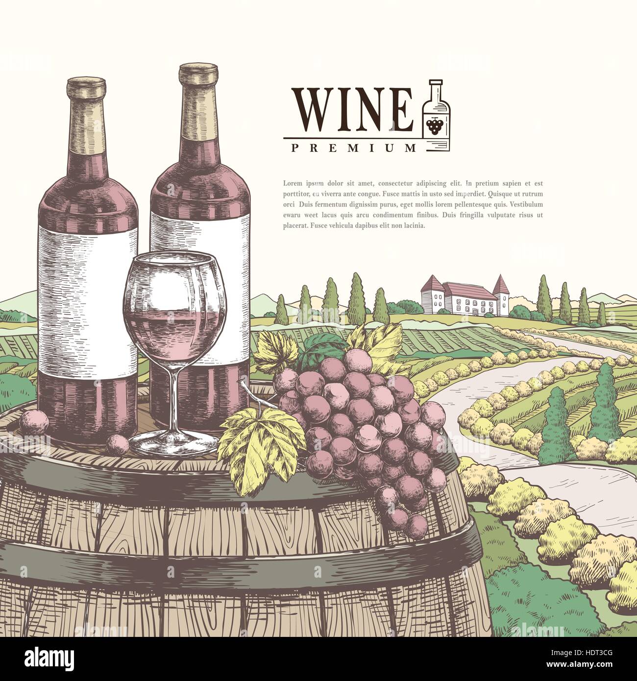 exquisite winery poster design in realistic hand drawn style Stock ...