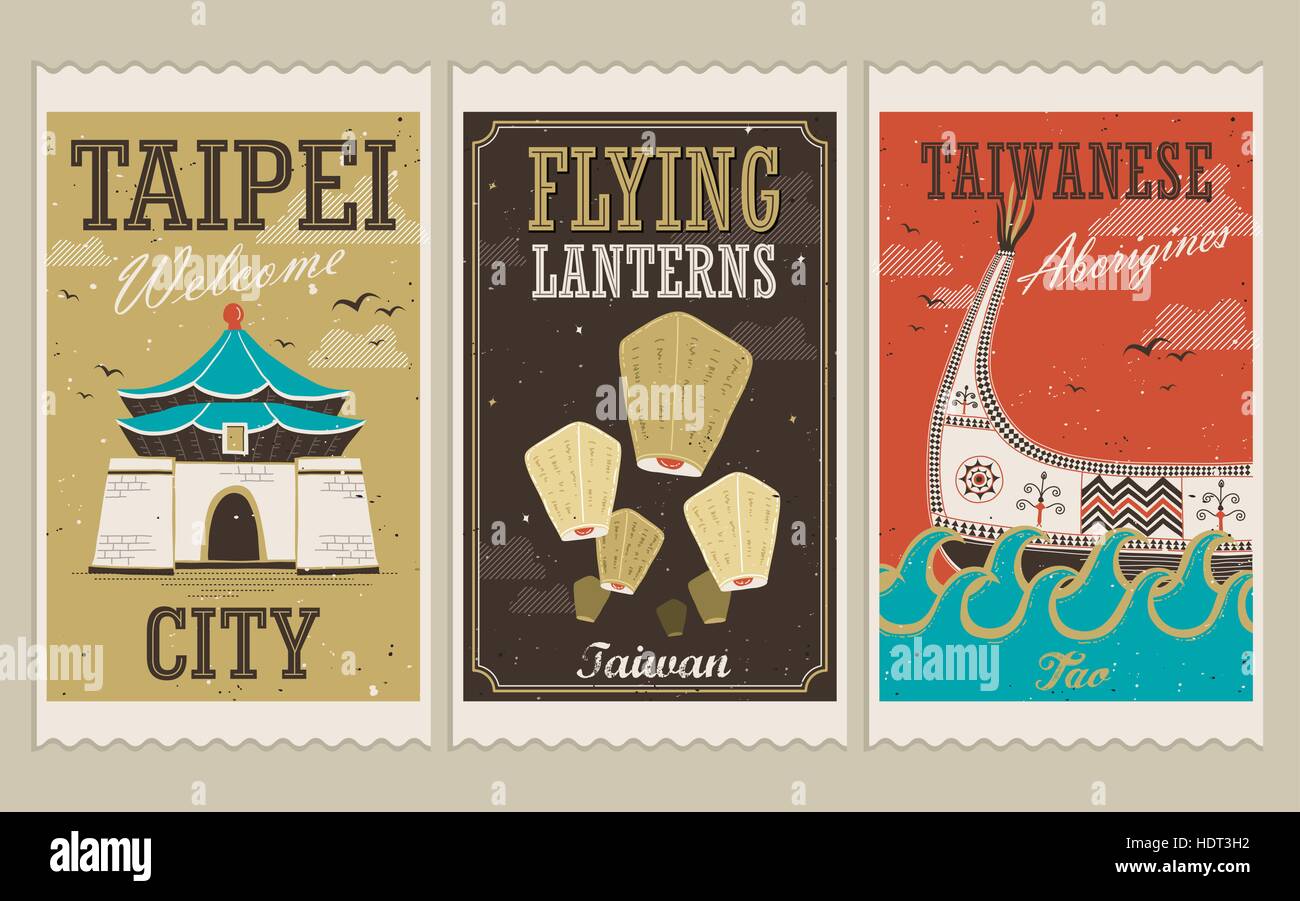 creative Taiwan attractions and traditional culture stamps in flat ...