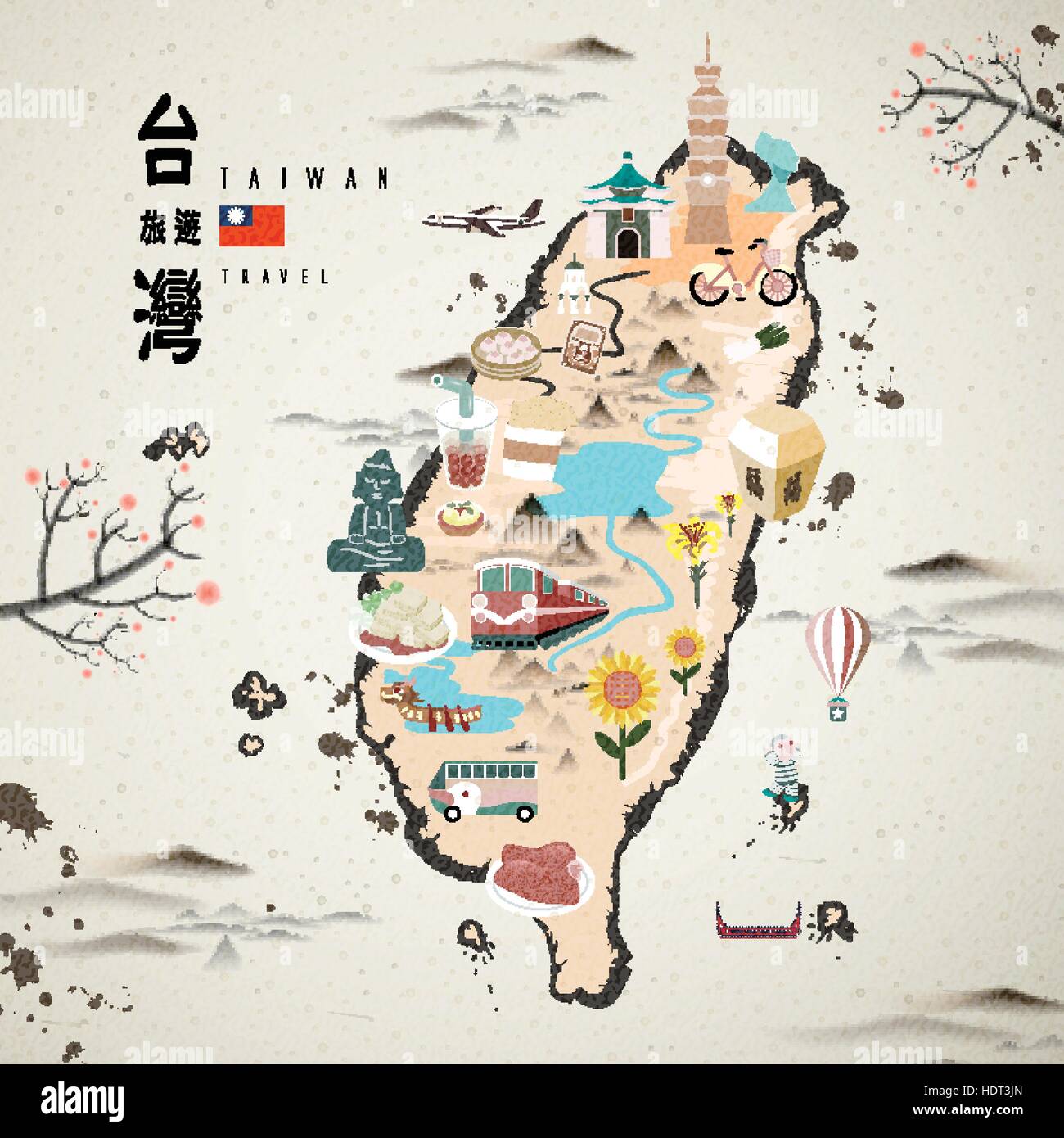 Taiwan famous attractions travel map in ink style Stock Vector Image ...