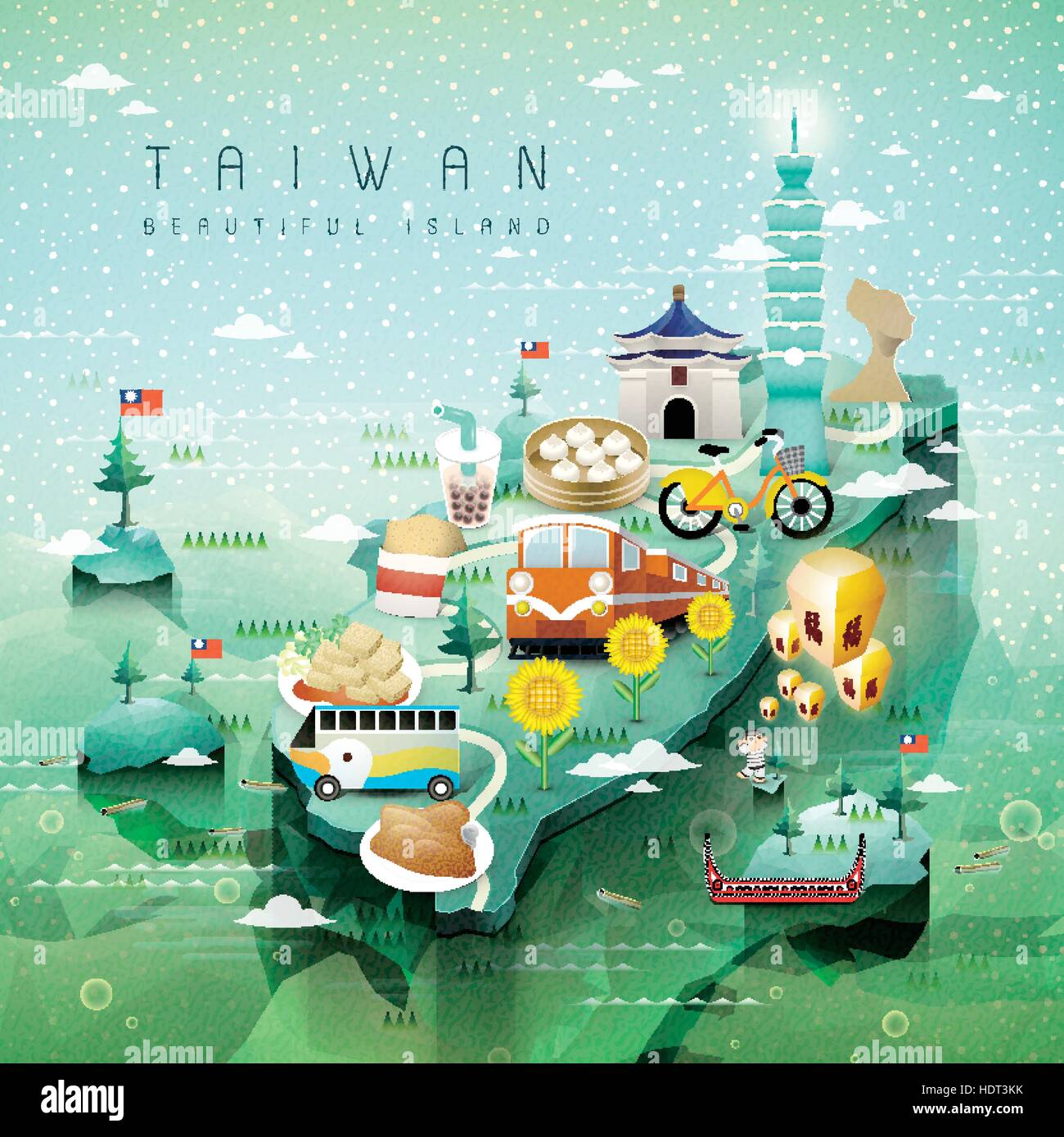 fantastic Taiwan attractions and dishes travel map in 3d isometric ...