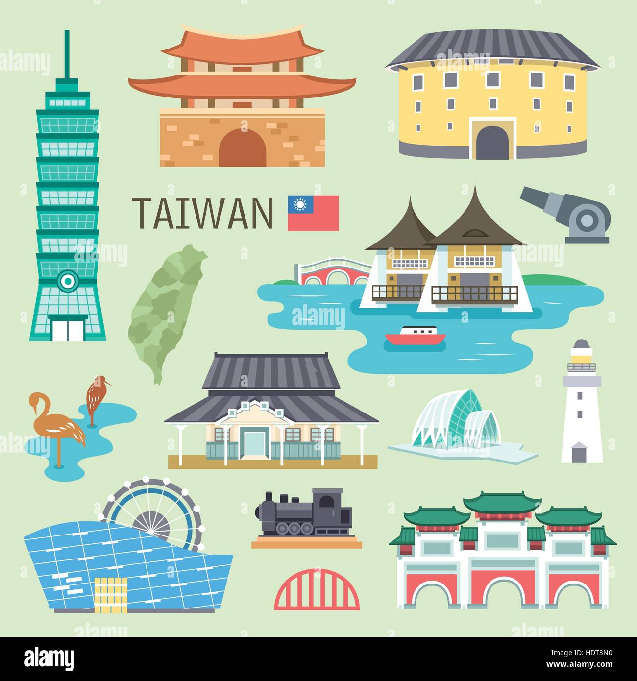 lovely Taiwan attractions collection in flat design Stock Vector Image ...
