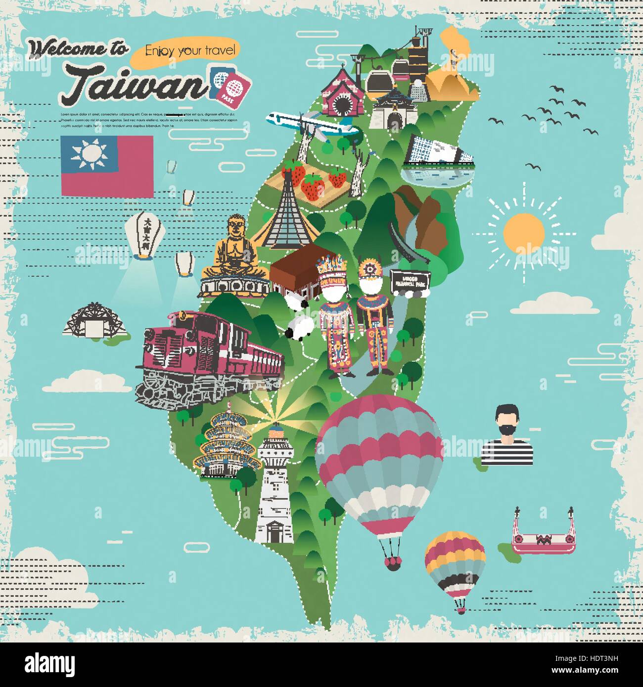 colorful Taiwan attractions and dishes travel map in flat design Stock ...