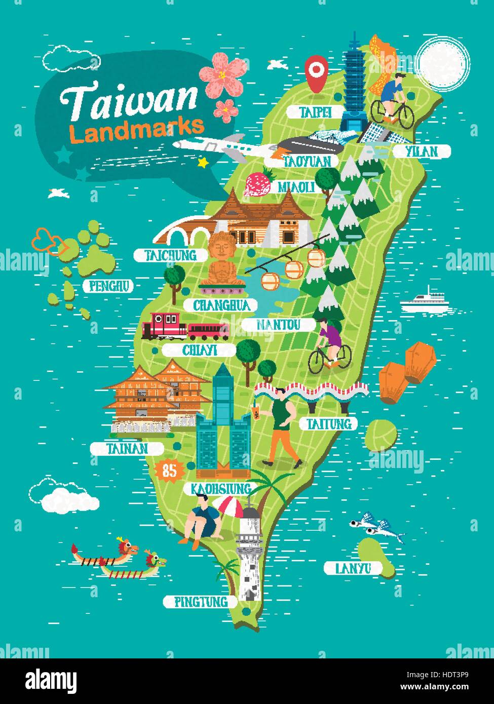 Taiwan landmarks travel map in flat design Stock Vector Image & Art - Alamy