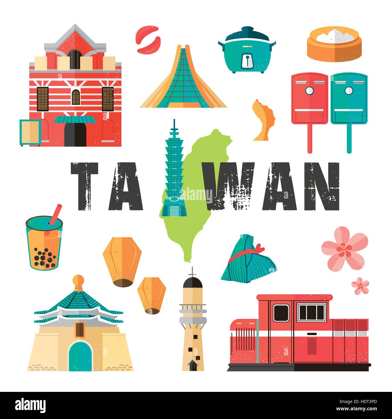 Taiwan travel concept - landmarks and dishes collection in flat design ...