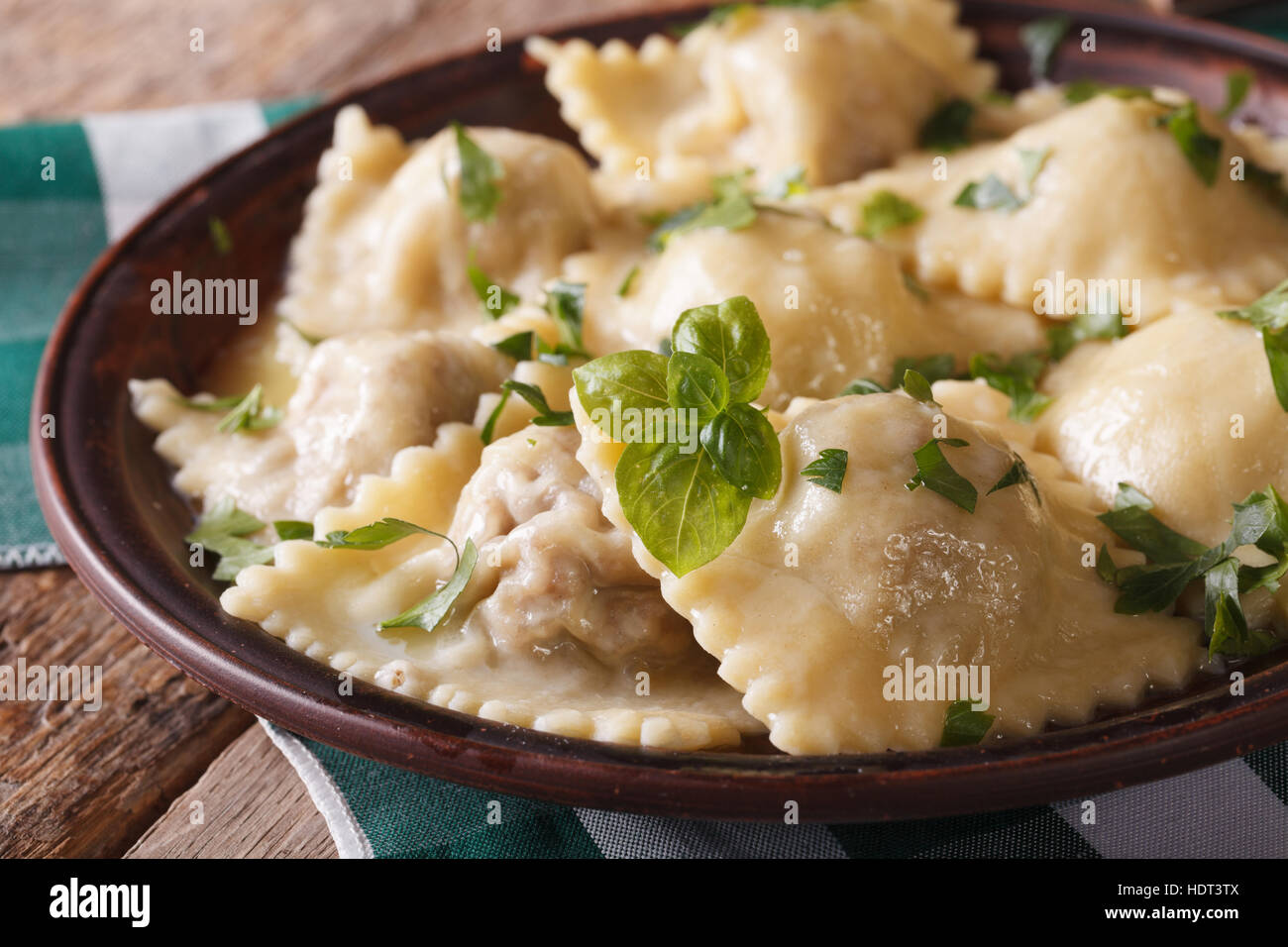 Hot ravioli closeup on a brown plate. horizontal, rustic style Stock ...
