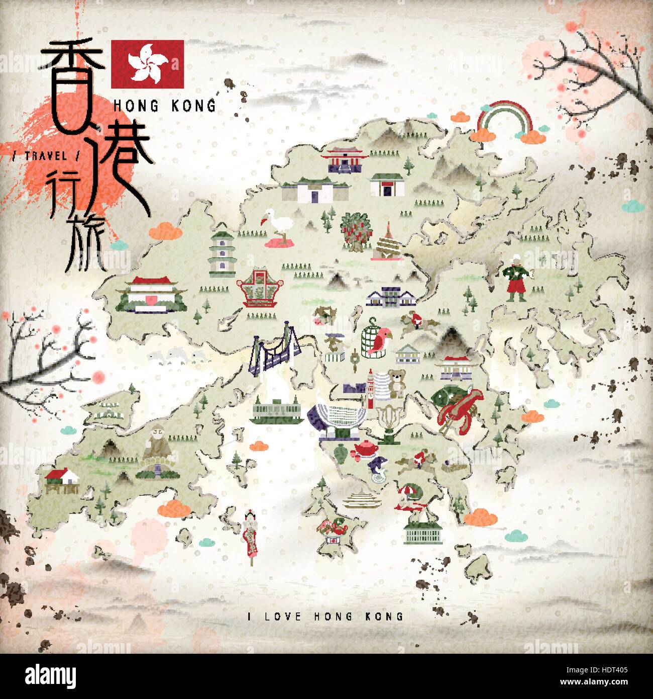 Chinese ink style Hong Kong travel map with attractions icons in flat ...