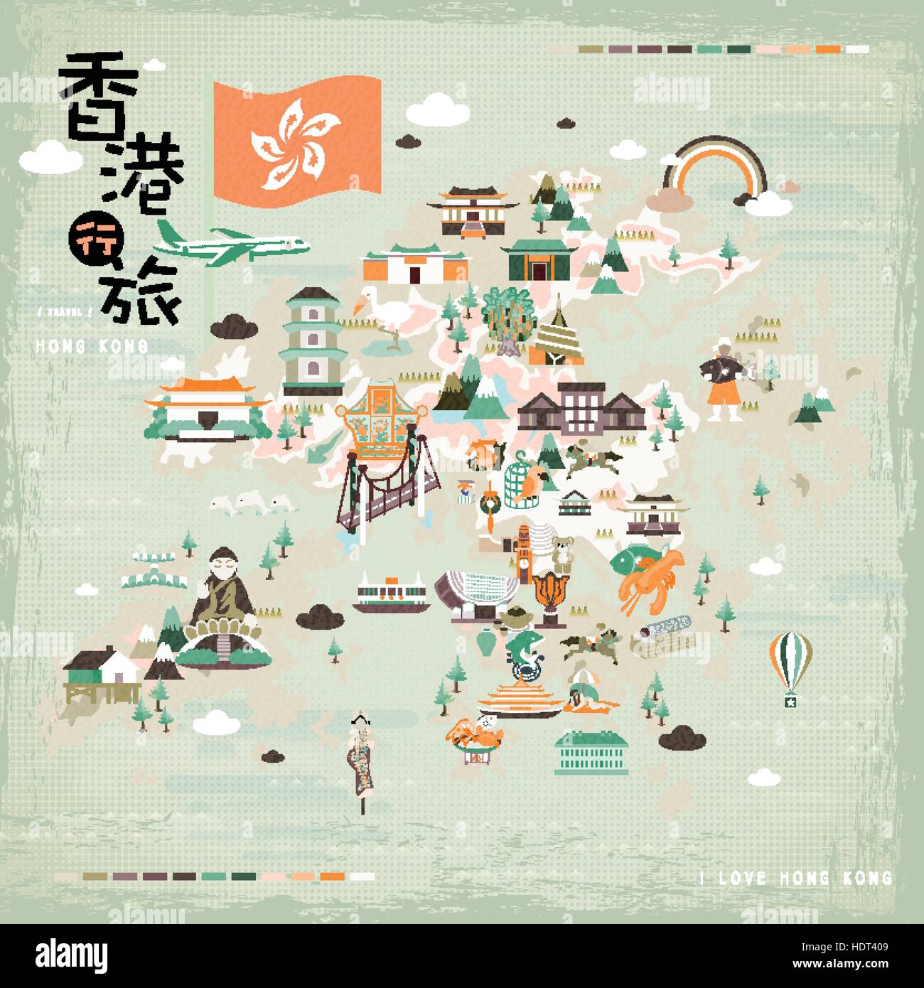 colorful Hong Kong travel map with attractions icons in flat design ...