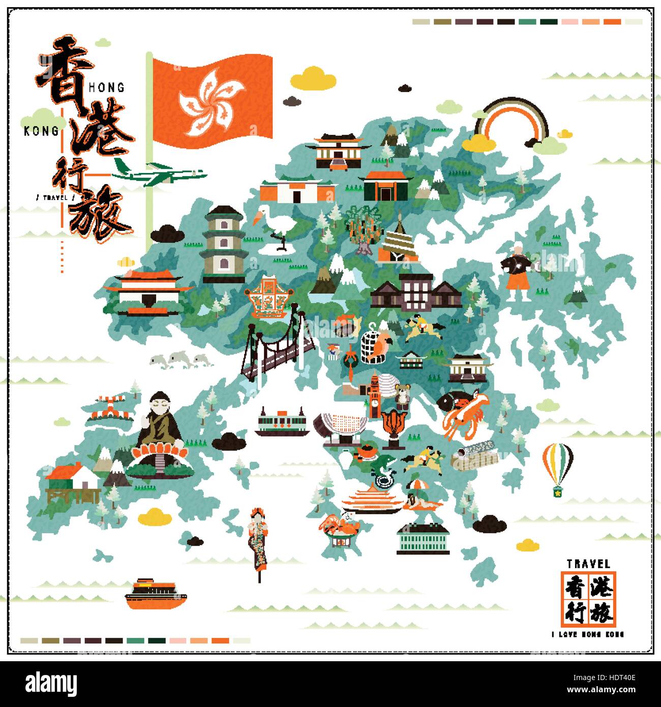 attractive Hong Kong travel map with attractions icons in flat design ...