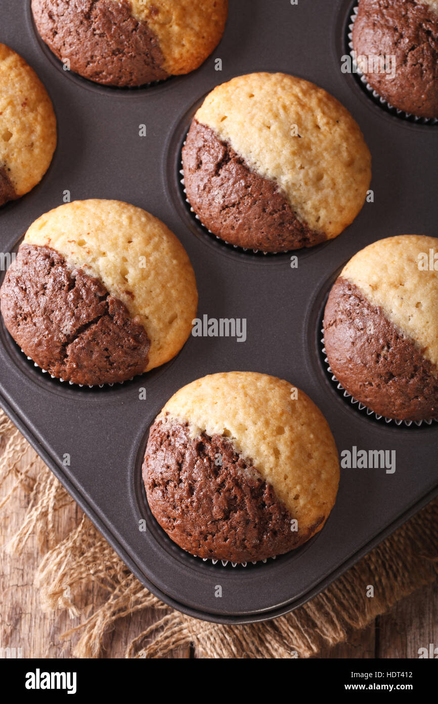 beautiful two-tone chocolate muffins in baking dish closeup, vertical ...
