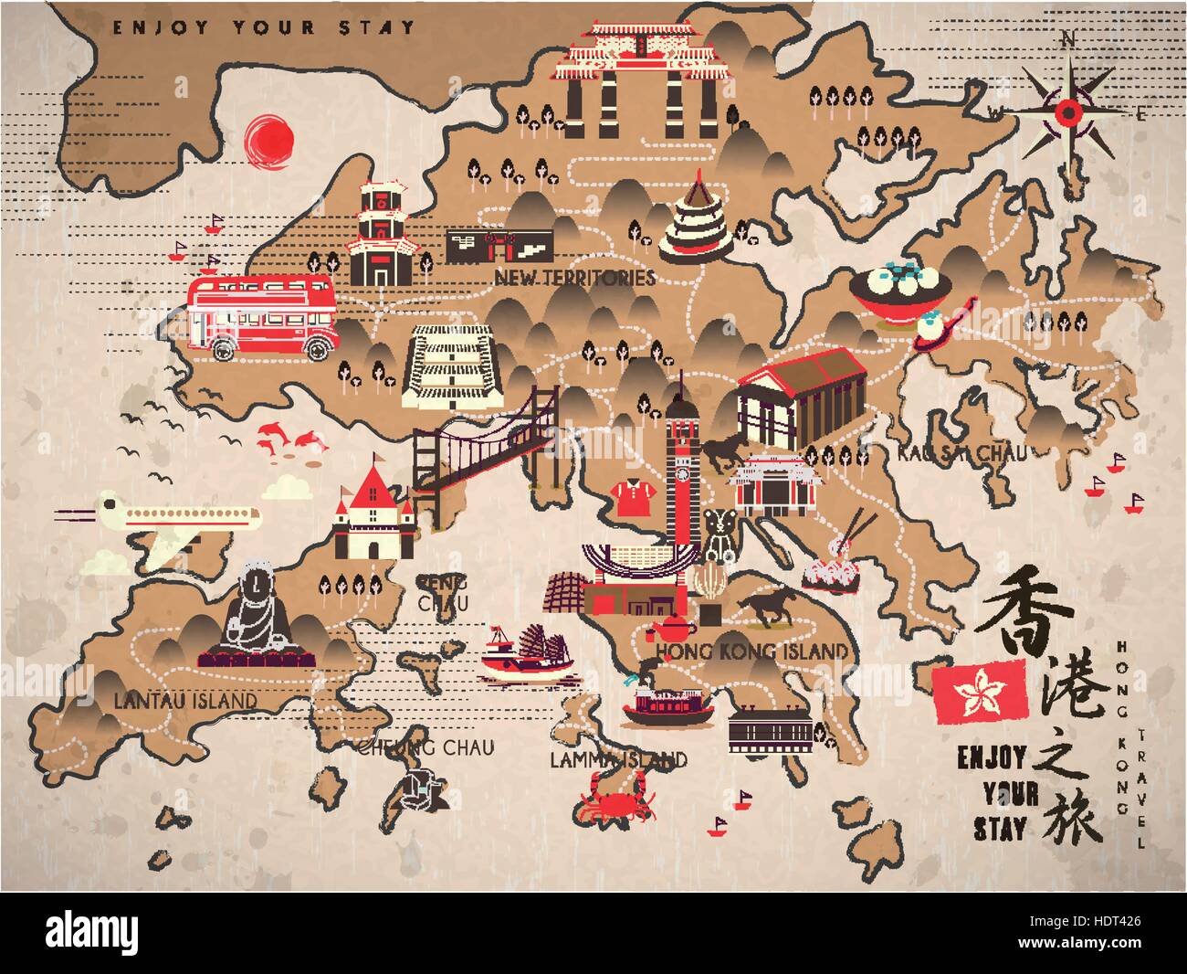 retro Hong Kong travel map in Chinese ink style Stock Vector Image ...