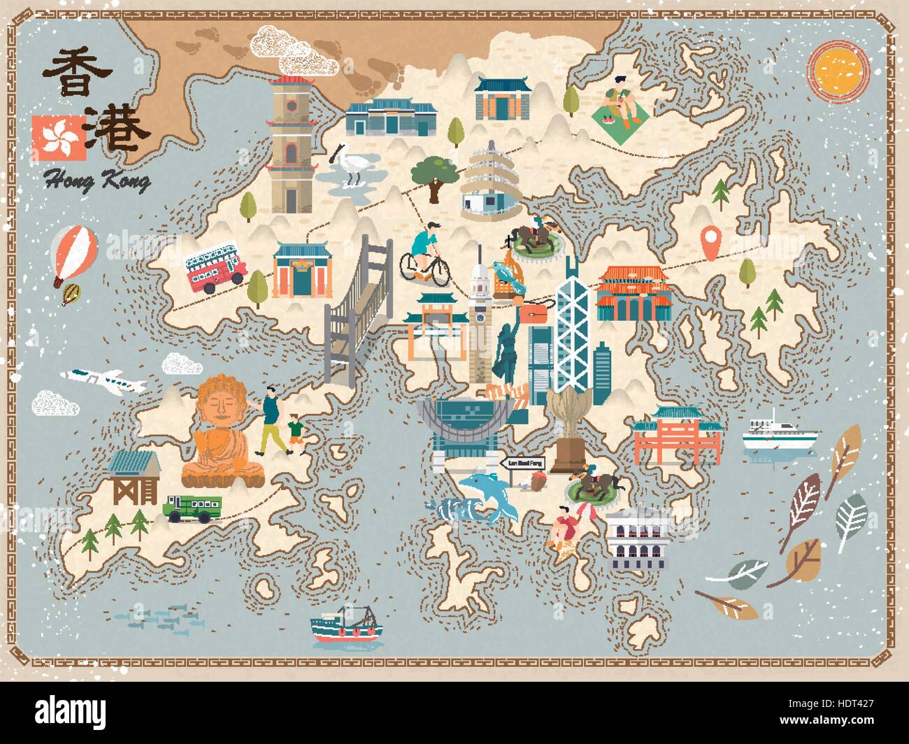 attractive Hong Kong travel map with attractions icons in flat design Stock Vector Image & Art ...