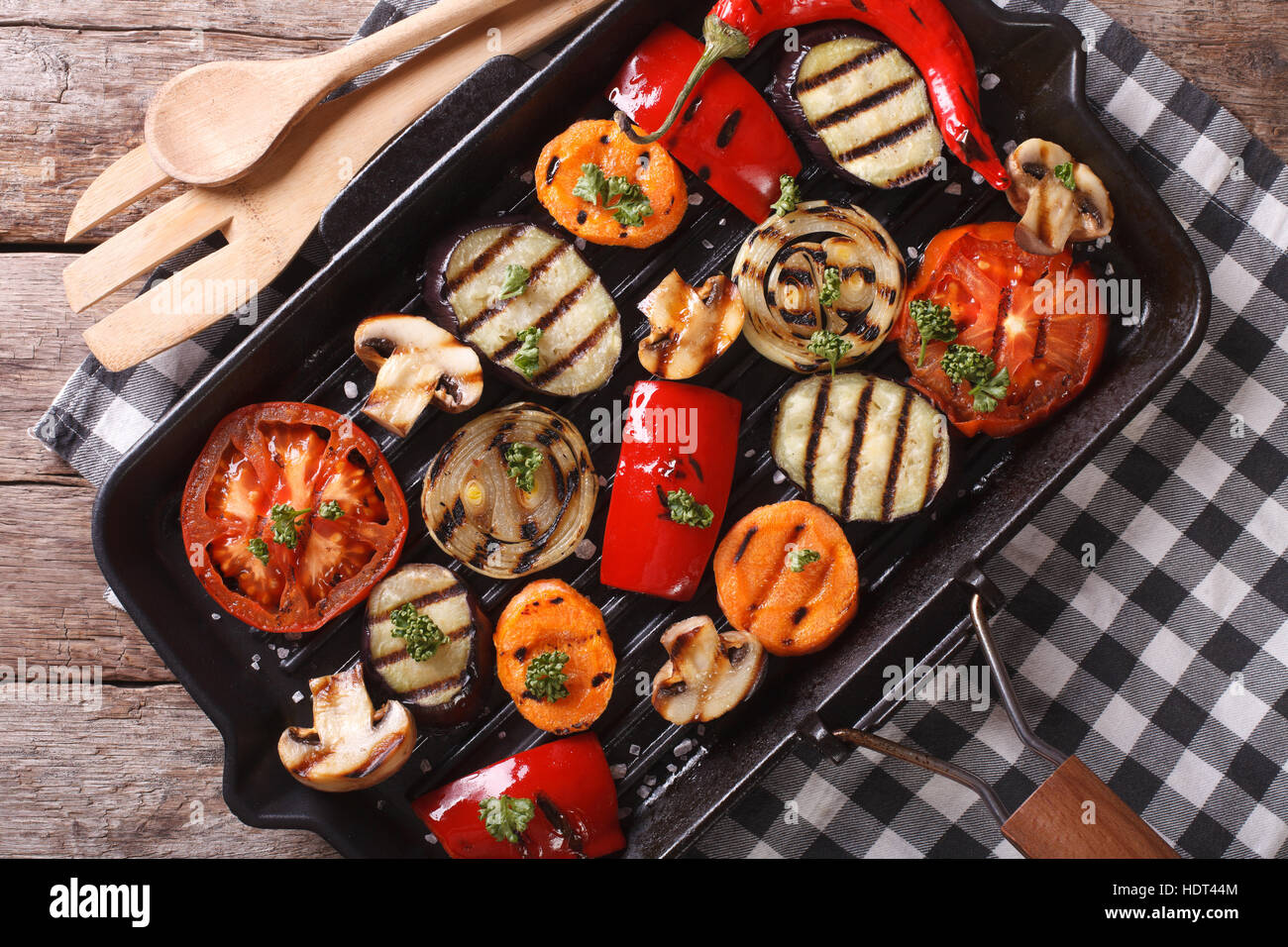 grilled vegetables in a pan grill closeup. horizontal view from above ...