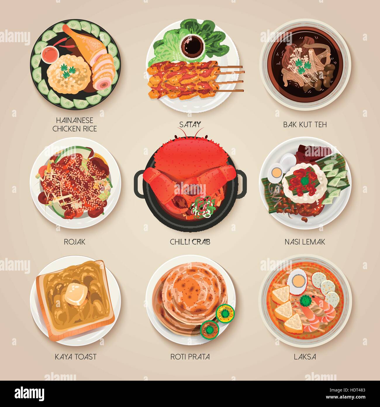 top view of Singapore traditional delicacies collection Stock Vector ...