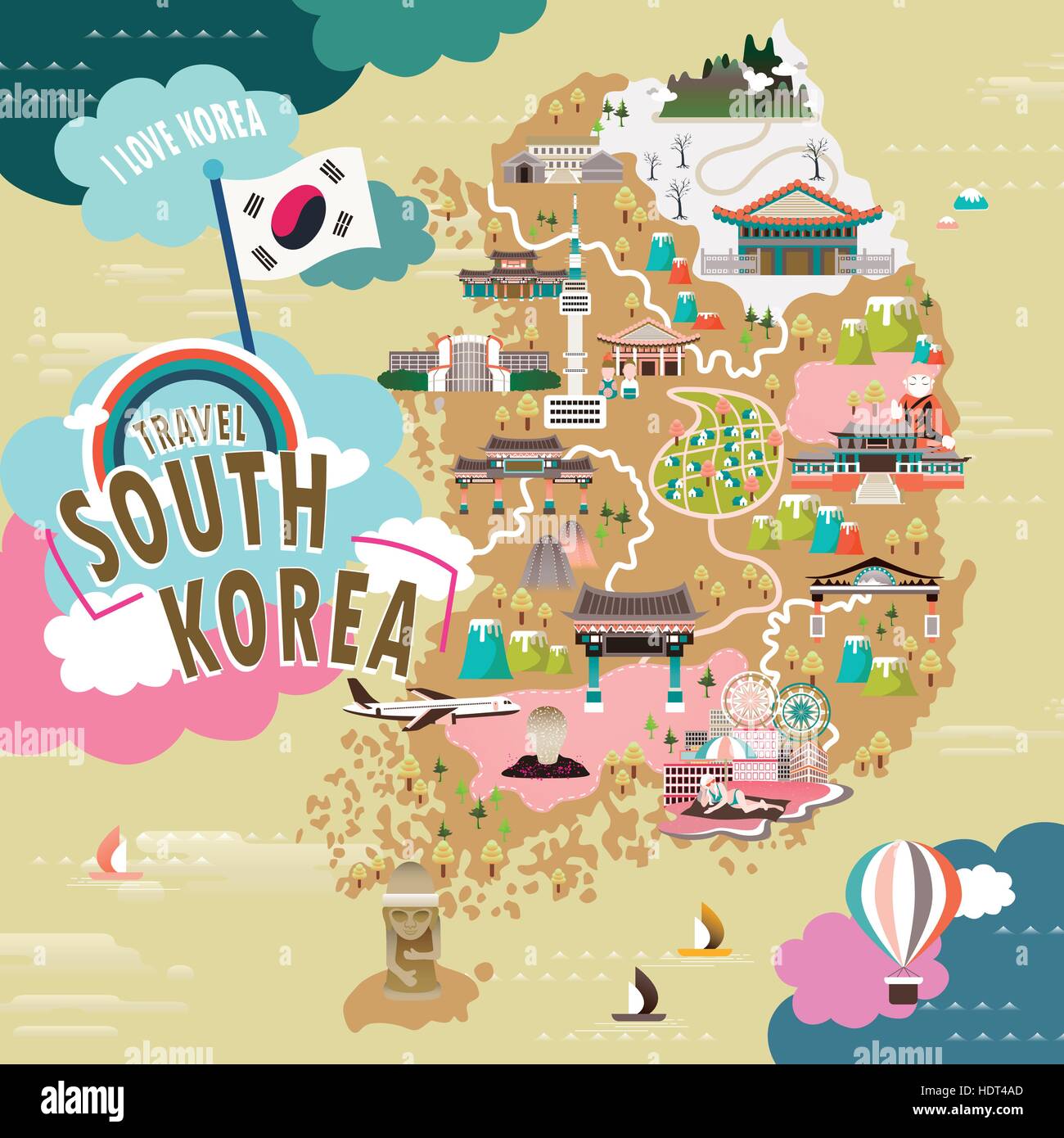 lovely South Korea travel map in flat style Stock Vector Image & Art ...