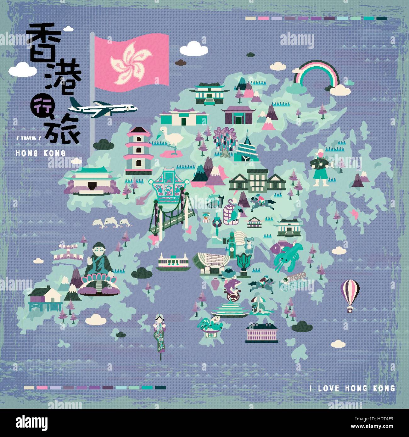 lovely Hong Kong travel map with attractions in flat design - the upper ...