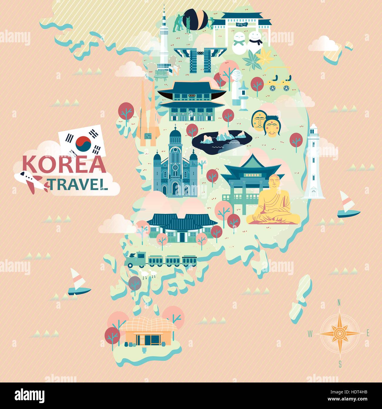 adorable South Korea travel map with colorful attractions Stock Vector ...