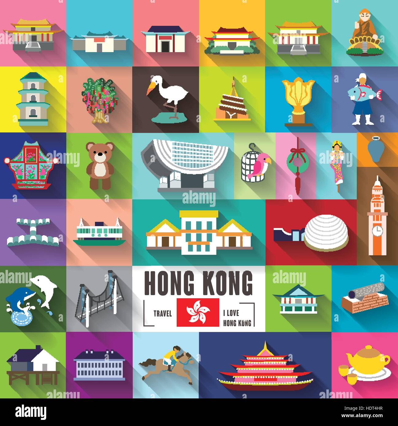 Hong Kong travel elements collection with long shadows in flat design ...