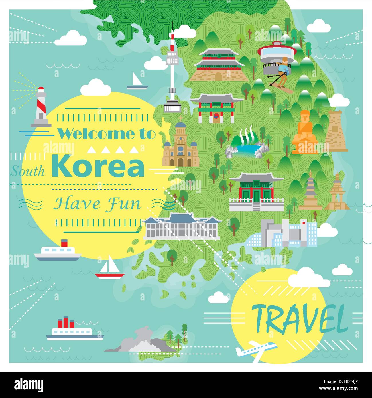 adorable South Korea travel map with colorful attractions Stock Vector ...
