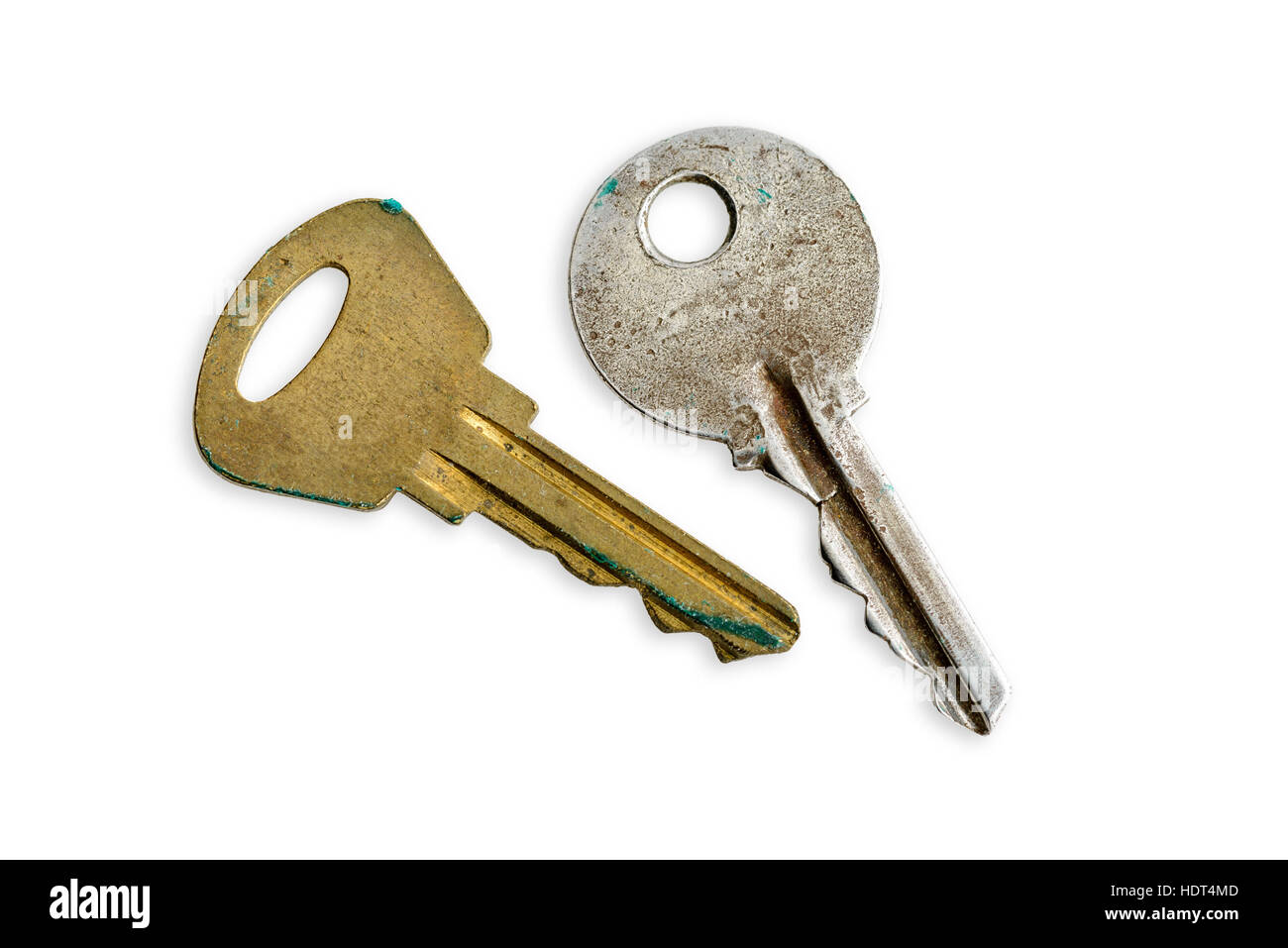 Scratched and ruined old modern keys, isolated on white background ...