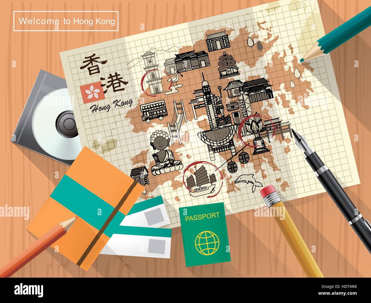 creative Hong Kong travel map on notepaper - the upper left title is ...