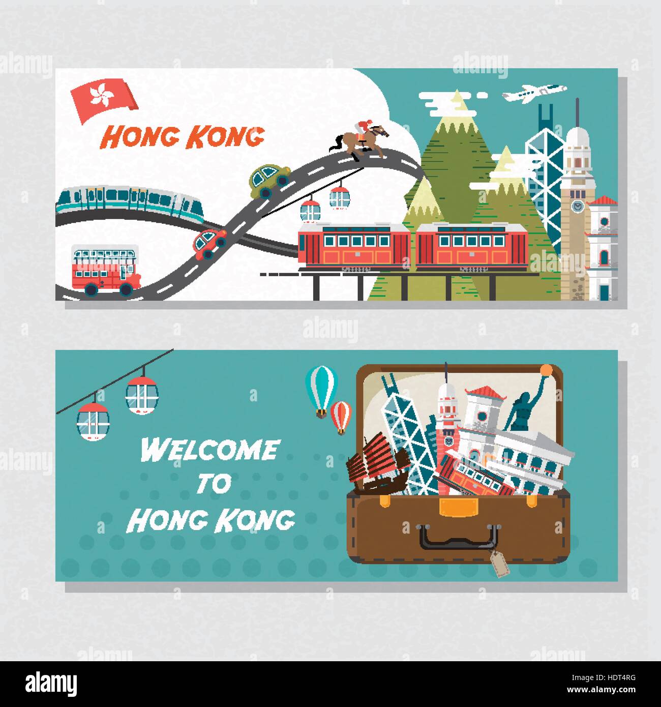 creative Hong Kong travel attractions banner in flat design Stock ...