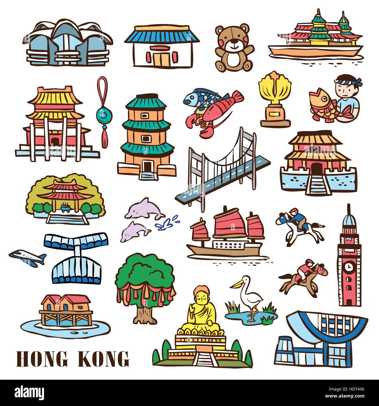lovely hand drawn Hong Kong travel elements collection Stock Vector Art ...