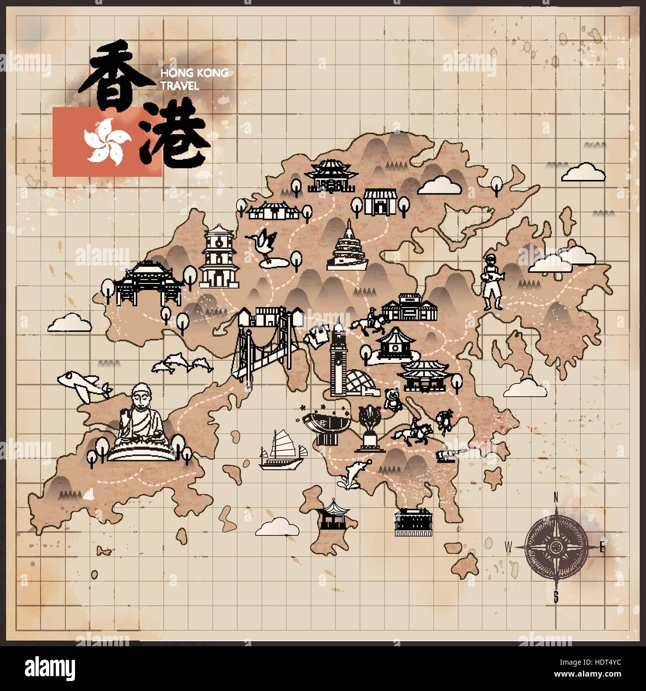 Hong Kong travel map on notepaper in retro style- the upper left title ...