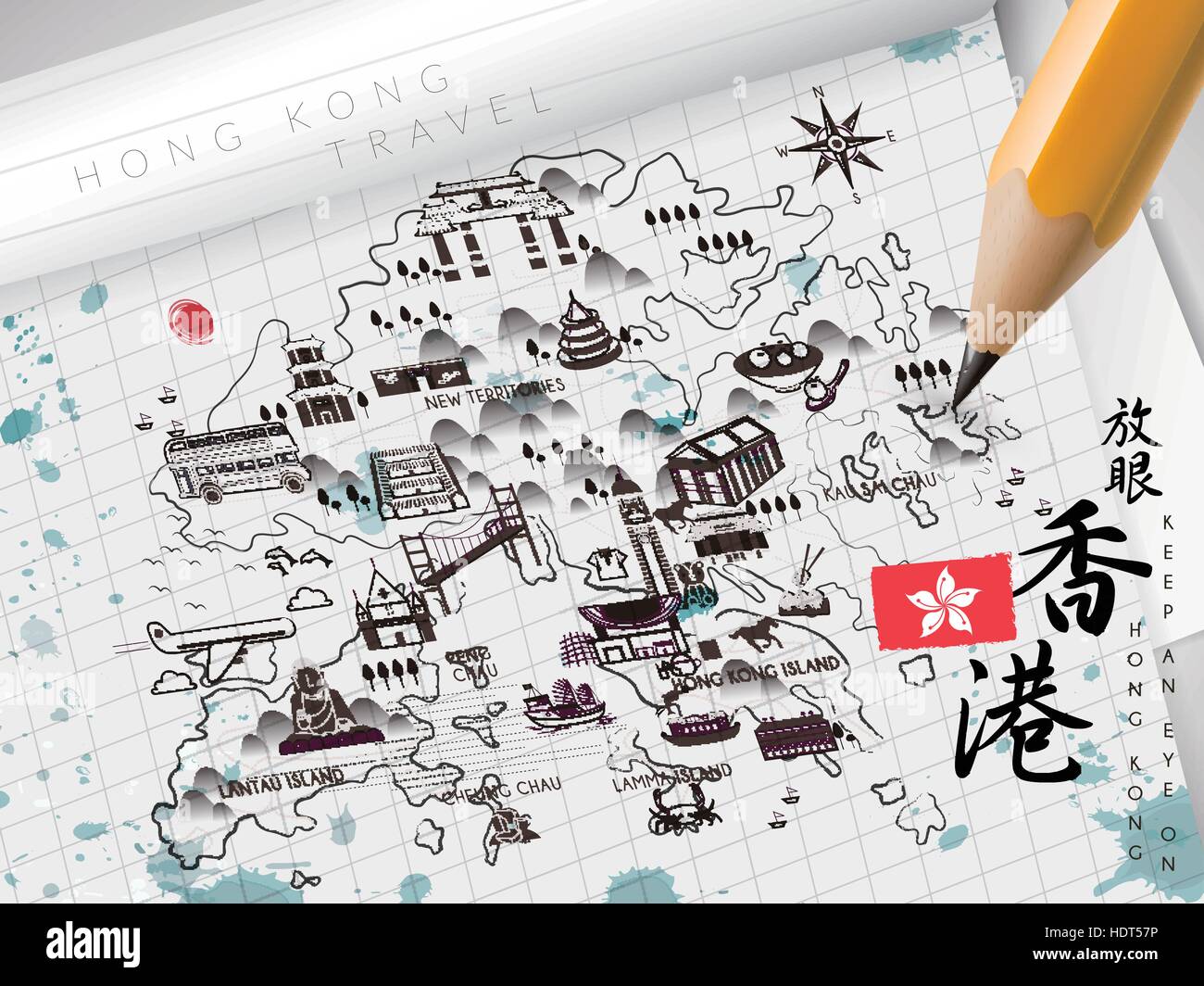 Hong Kong travel map on notepaper - the upper left title is Hong Kong ...