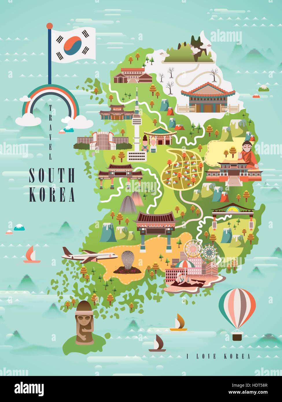 adorable South Korea travel map design in flat style Stock Vector Image ...