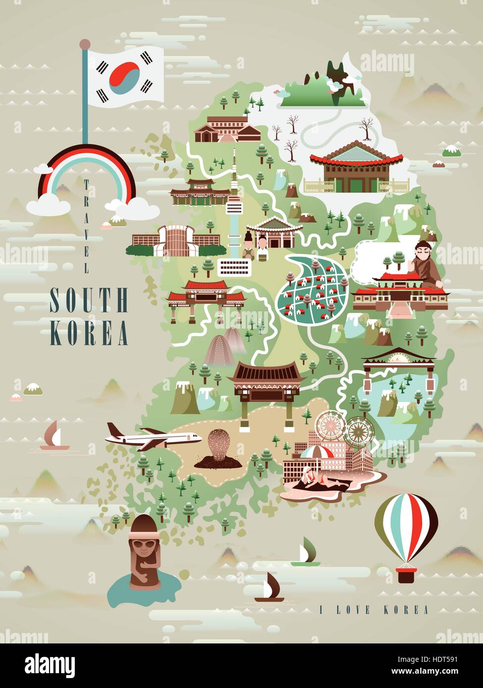 adorable South Korea travel map design in flat style Stock Vector Image ...
