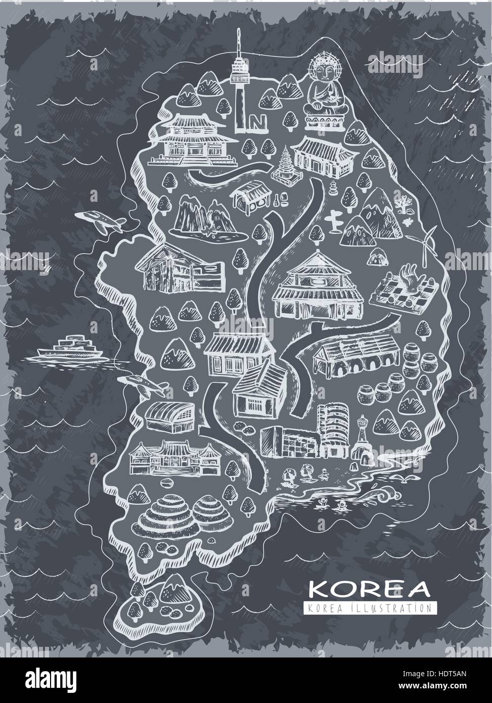 hand drawn South Korea travel map in exquisite line style Stock Vector ...