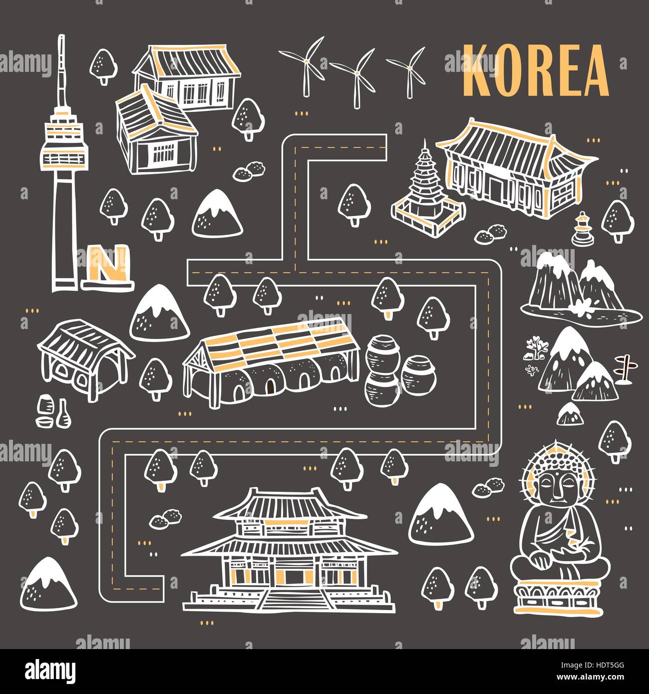 lovely hand drawn South Korea travel map design Stock Vector Image ...