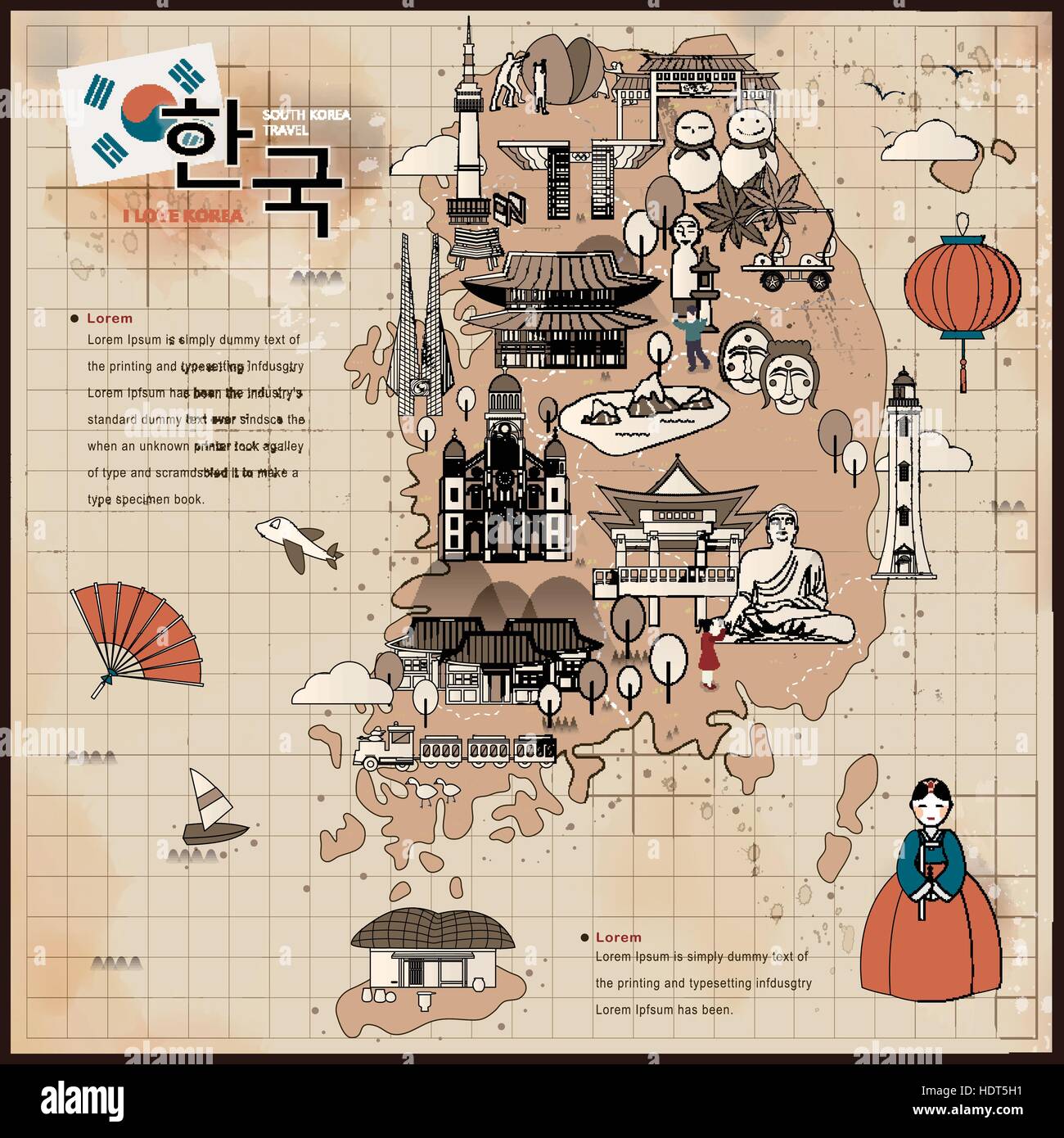 retro South Korea travel map in flat style - Korea in Korean words on ...